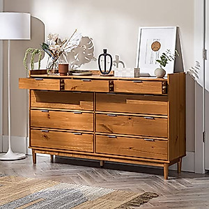 Walker Edison Blythe Mid-Century Modern Tray-Top Solid Wood 9-Drawer Dresser, 60 Inch, Caramel