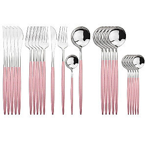 Uniturcky Silver Silverware Set, 24-Piece Stainless Steel Flatware Set Service For 6, Mirror Polished Pink Handle Tableware Cutlery Set Knife Fork And Spoon For Home & Restaurant, Dishwasher Safe