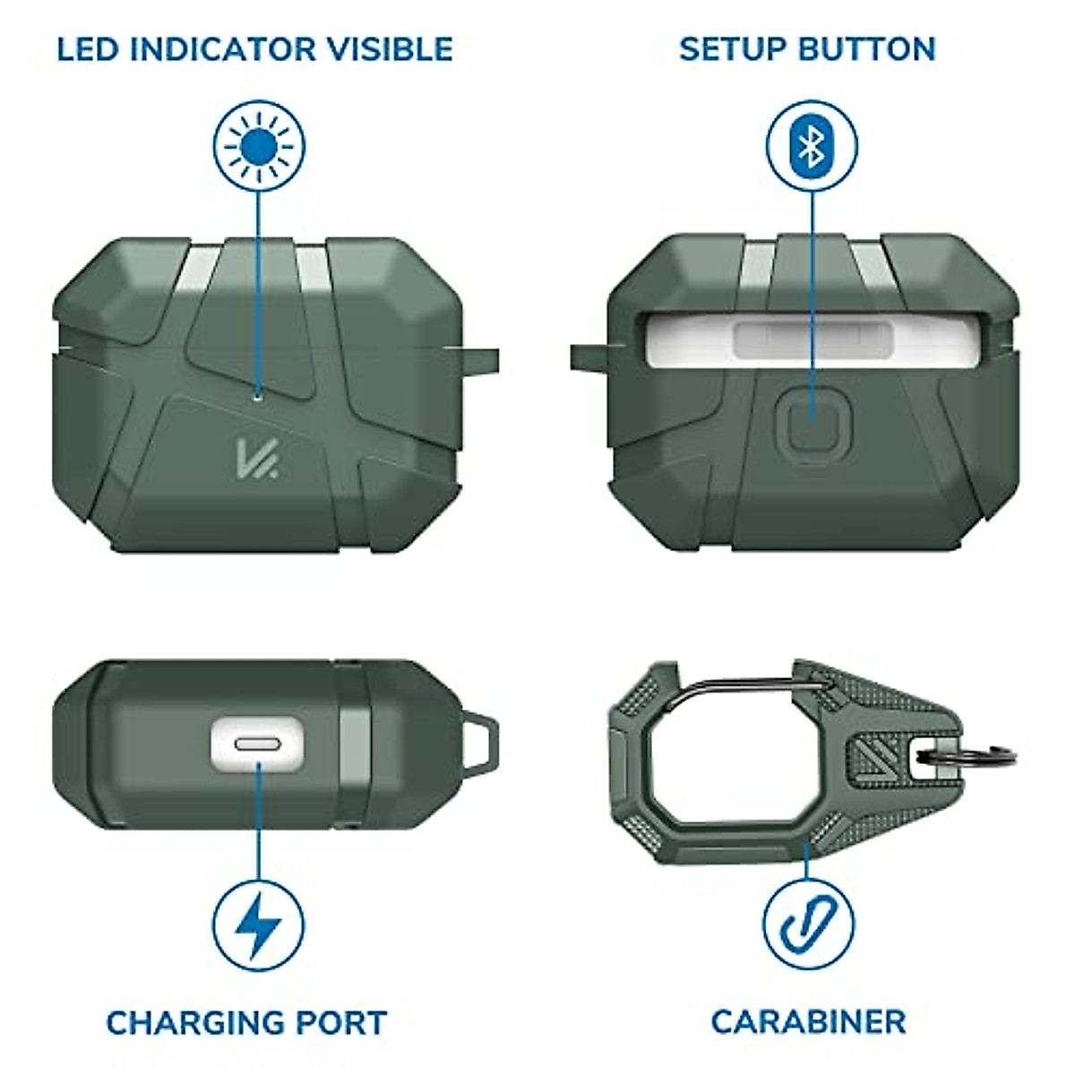 KMMIN Airpod Pro Case with Keychain Hard TPU Shockproof Protective Compatible with Airpods Pro 1st Generation Case(2019) Apple Airpod Pro Case Cover for Men Women Front LED Visible-Green