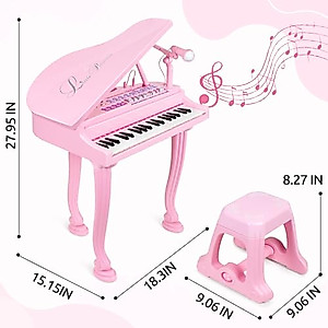 Kids Piano Keyboard Toys 37 Keys,Grand Piano for Beginners,3 4 5 6 Years Old Toddler Girl Boy Gift,Educational Musical Instrument,w/Microphone,Stool,Piano Lid,Lights,Note Stickers,Enamel Finish- Pink
