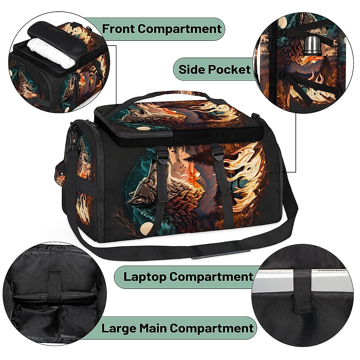 Animal wolf Gym Duffle Bag Backpack Waterproof with Shoes Compartment Travel Sling Bag Casual Daypack for Men and Women Shoulder Weekender Overnight Bag