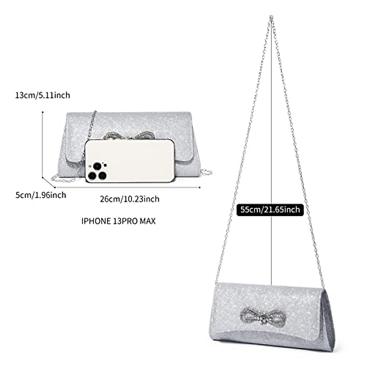 Labair Womens Evening Bag Sparkly Bow Clutch Purses for Women Wedding Prom Formal purses Handbags. (Silver)
