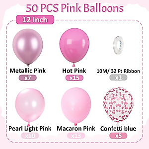 Paready Pink Balloons Set, 50 Pcs 12 Inch Metallic Pink Pastel Pearl Light Pink Confetti Balloons Helium with Ribbon for Women Girls Wedding Bridal Baby Shower Princess Birthday Party Decorations
