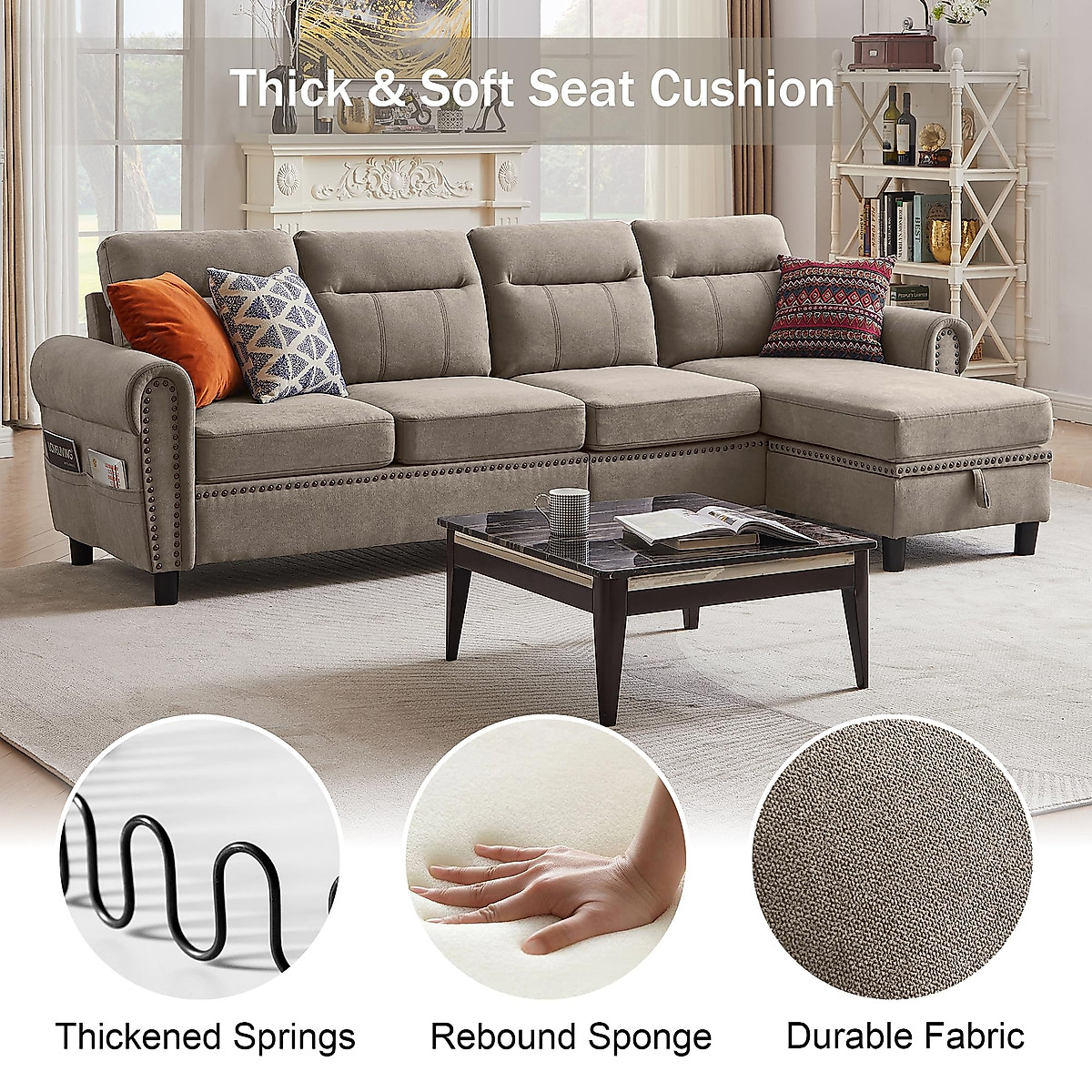 Jarenie 107" Convertible Sectional Sofa, 4-Seat L Shaped Couch with Storage Chaise and Side Pocket, Modern Linen Fabric Sectional Couches for Living Room, Beige