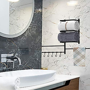 Towel Rack Holder&Organizer,Wall Mounted Metal Bathroom Towel Bar with 3 Swivel Arms 5 S-Hooks for Storage of Towels, Washcloths, Hand Towels