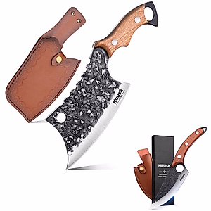 Huusk Collectible Knives Bundle Chef Knife & Carved Meat Cleaver Knife Hand Forged Butcher Knife with Leather Sheath and Gift Box