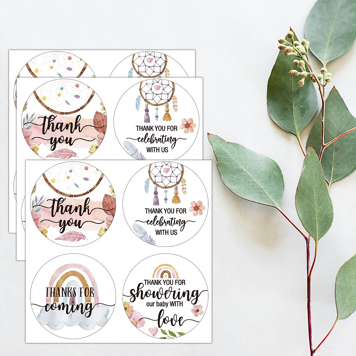 2" Round Boho Thank You Favor Stickers - Boho Thank You Labels for Wedding, Bridal Shower, Baby Shower, Small Business, Bakeries, Handmade Goods, Birthday Party Favors(80 Labels)