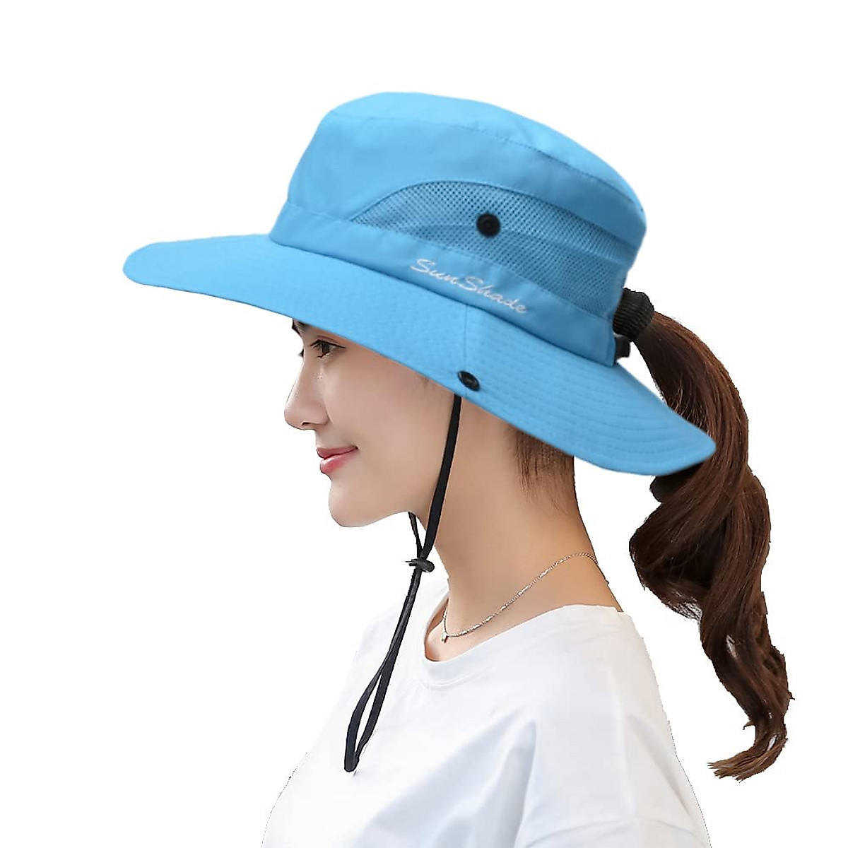 Womens UV Protection Wide Brim Sun Hats - Cooling Mesh Ponytail Hole Cap Foldable Travel Outdoor Fishing Hat Pure Blue