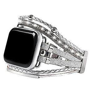 WONMILLE Posh Leather Bands Compatible With Apple Watch 45mm 44mm 42mm 49mm Women, Boho Bracelets Jewelry Multilayer Wrap Strap for iwatch Series SE 8 7 6 5 4 3 2 1 (Glitter Silver, 42mm/44mm/45mm)