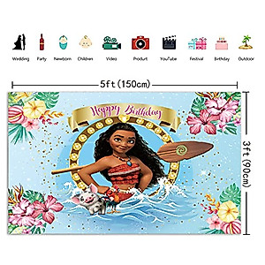 Summer Beach Baby Moana Theme Backdrops Pink Flowers Blue Water Girls 1St Birthday Party Background Baby Shower Moana Cake Table Decoration Banner Photo Studio Props (5x3ft)