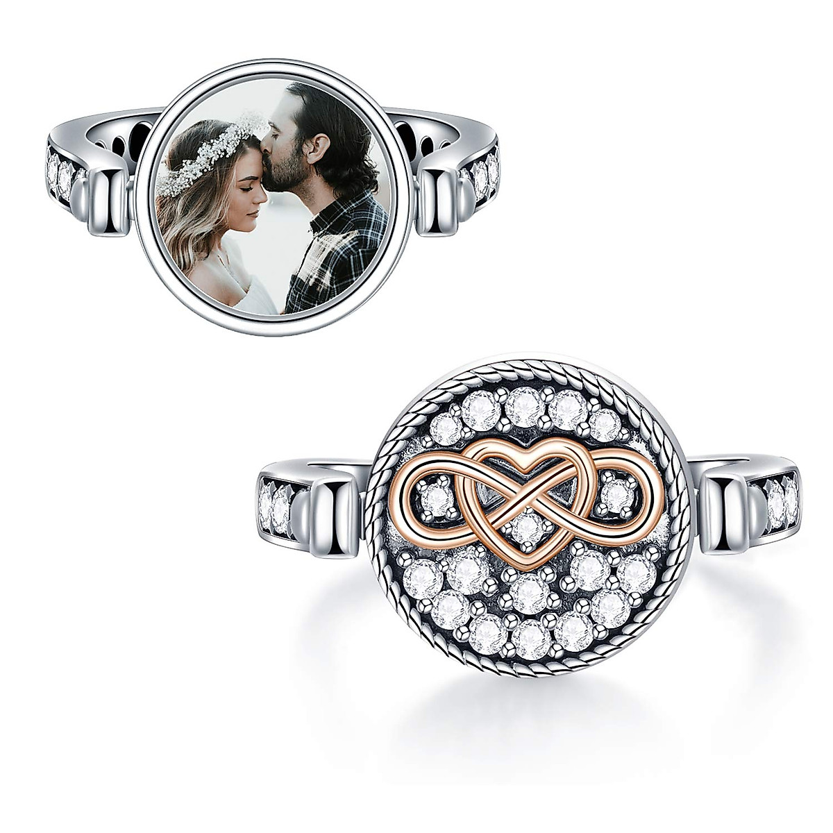 LONAGO Personalized Photo Ring 925 Sterling Silver Heart & Infinity Custom Image Picture Band Ring for Women Mom (6)