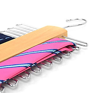 Umo Lorenzo Premium Wooden Necktie and Belt Hanger, Walnut Wood Center Organizer and Storage Rack with a Non-Slip Finish - 20 Hooks