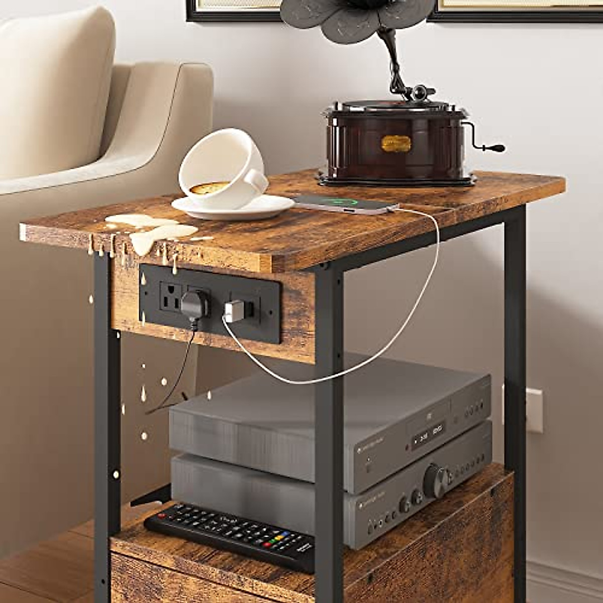 LIDYUK End Table with Charging Station, Narrow Side Table with Drawer and USB Ports & Power Outlets, Nightstand Bedside Tables for Small Spaces, Bedroom, Living Room, Brown