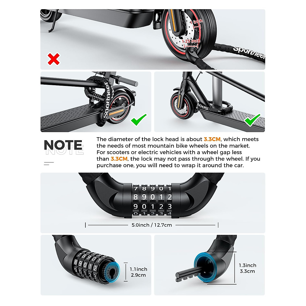Sportneer Bike Chain Lock Heavy Duty, Bicycle Lock with 5 Digit Combination Heavy Duty Anti Theft Keyless Security Bike Locks for Bicycle, Electric Bike, Scooter, Motorcycle, Door, Gate and Fence