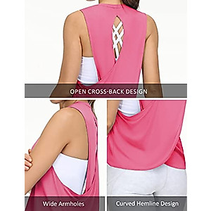 THE GYM PEOPLE Women's Open Cross Back Workout Tank Tops Loose Fit Sleeveless Yoga Running Shirts Bright Pink