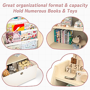 TOETOL Kids Bookshelf & Book Storage，4 Sling Wooden Toddler Book Shelf，2-Tier Wooden Open Bookcase & Storage Organizer Boxes for Nursery, Playroom, Bedroom