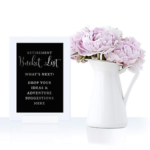 Andaz Press Framed Retirement Party Signs, Metallic Silver Ink on Black, 4x6-inch, Retirement Bucket List, What's Next? Drop Your Ideas and Adventure Suggestions Here, 1-Pack