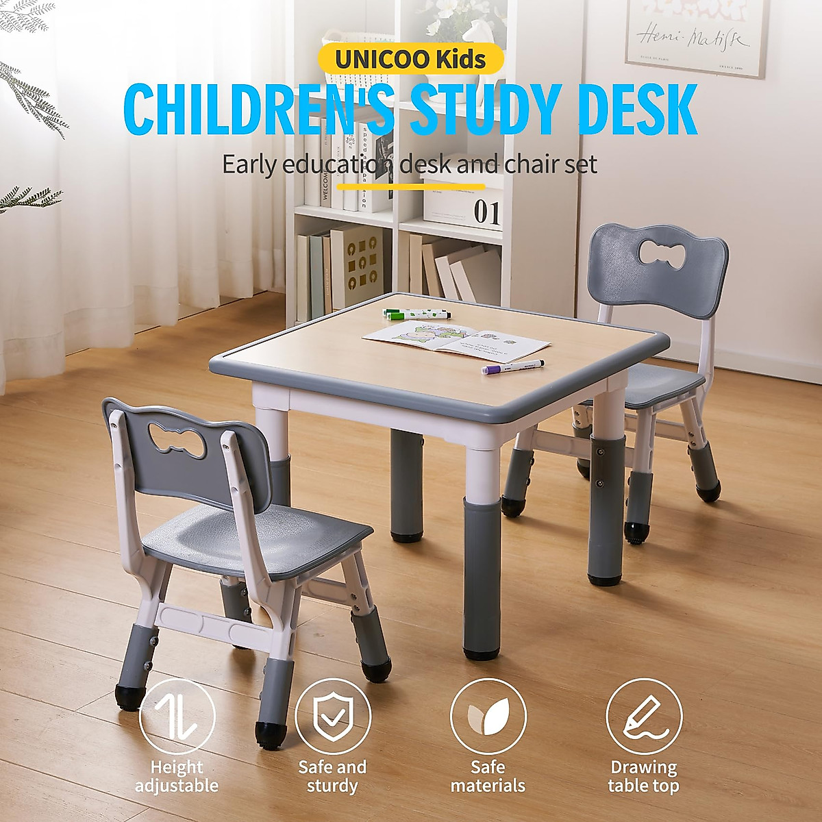 UNICOO - Kids Height Adjustable Three Piece Study Table and 2 Chairs Set, Plastic, Children Art Table with 2 Seats, Multipurpose Activity Table for Kids 2-10 Years Old (Maple Top with Grey Border)