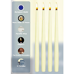 12 Pack Tall Taper Candles - 14 Inch Ivory Dripless, Unscented Dinner Candle - Paraffin Wax with Cotton Wicks - 12 Hour Burn Time