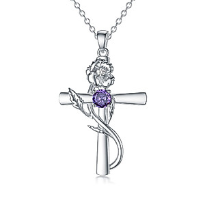 TOUPOP Cross Necklace 925 Sterling Silver February Birth Flower Necklace Religious Pendant with Birthstone Faith Christian Jewelry Birthday Gifts for Women Mom Wife Grandma