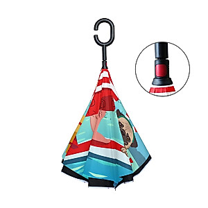 Cute Santa Claus Stand Up Paddle Board With Pug Dog Double Layer Windproof UV Protection Reverse Umbrella With C-Shaped Handle Upside-Down Inverted Umbrella For Car Rain Outdoor