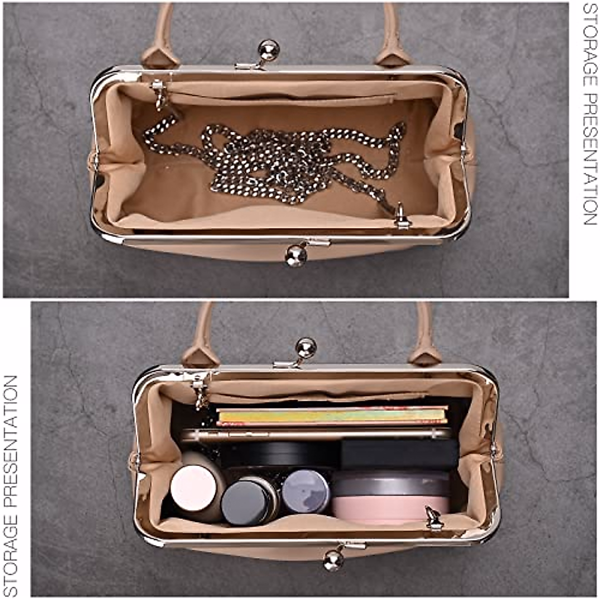 GM LIKKIE Kiss Lock Purses & Handbags, Crossbody Top-handle Clutch Purse for Women, Vintage Evening Clutch Shoulder Bag (Khaiki)