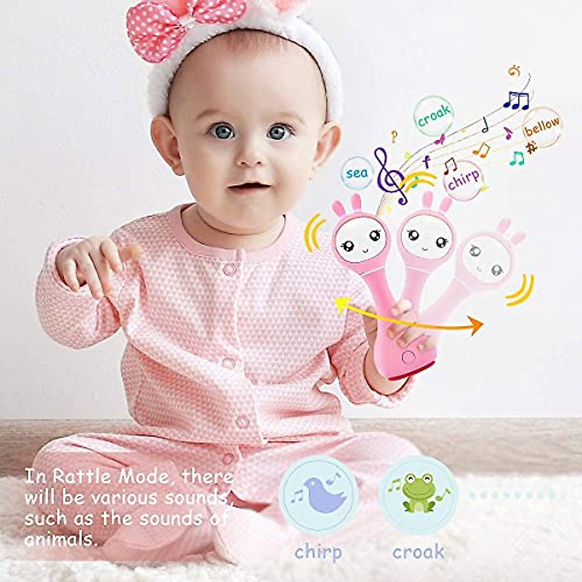 Alilo Bunny Baby Rattle Shaker and Teether Toys,Electronic Rattle Infants Toy,9 Kinds of Color Learning and Educational Toys with Music & Light for 0-6-12 Months, Gift for Newborns Girls Boys Toddlers