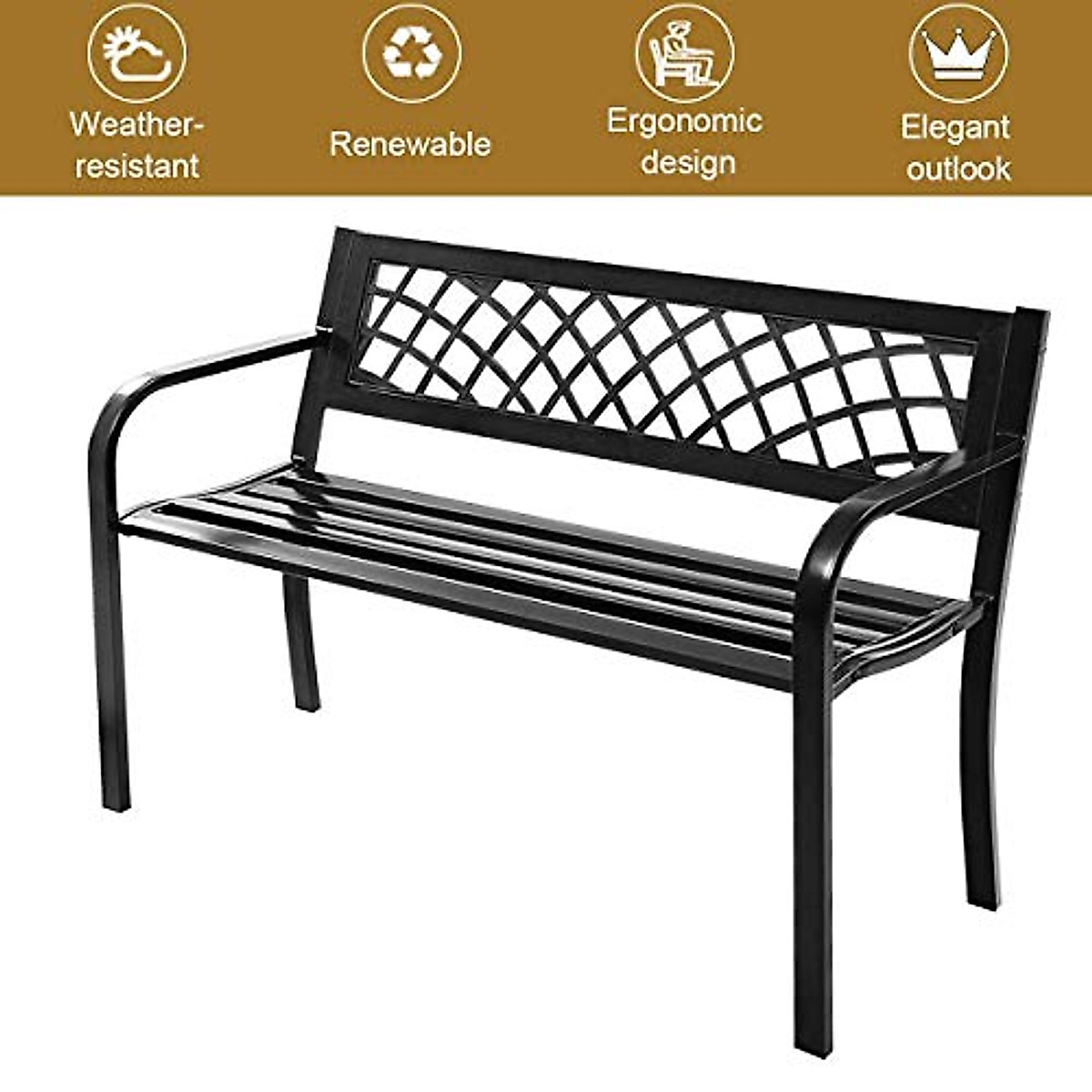 Giantex Patio Garden Bench Loveseats Park Yard Furniture Decor Cast Iron Frame Black (Black Steel W/PVC Mesh Pattern)