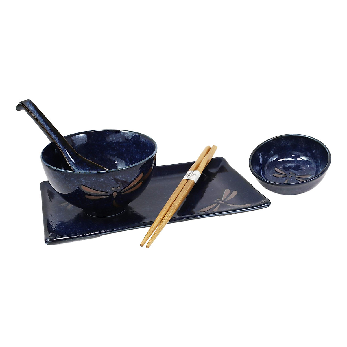 Ebros Gift Japanese Mino Ware Tombo Dragonfly Blue Porcelain Sushi Dinnerware 10pc Set For 2 People Pairs of Sushi Plates Soup And Sauce Bowls Bamboo Chopsticks Asian Soup Spoons Housewarming Gift