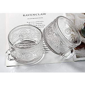 LUXU Vintage Glass Coffee Mugs 14oz Set of 4 Clear Glass Tea Cups,Stackable Glass Coffee Cups,Cute Coffee Bar Accessories,Iced Coffee Glasses,Clear Embossed Glass Cups for Cappuccino,Latte,Beverages