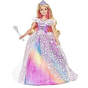 Barbie Dreamtopia Royal Ball Princess Doll, Blonde Wearing Glittery Rainbow Ball Gown, with Brush and 5 Accessories, Gift for 3 to 7 Year Olds