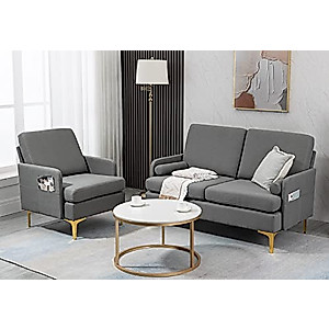 ZJhome 52'' Linen Fabric Modern Sofa Couch with Storage Pocket, Golden Y-Legs & 2 Pillows, Upholstered Comfy Small Loveseat Couch for Living Room, Bedroom, Office, Apartment, Small Space(Gray)
