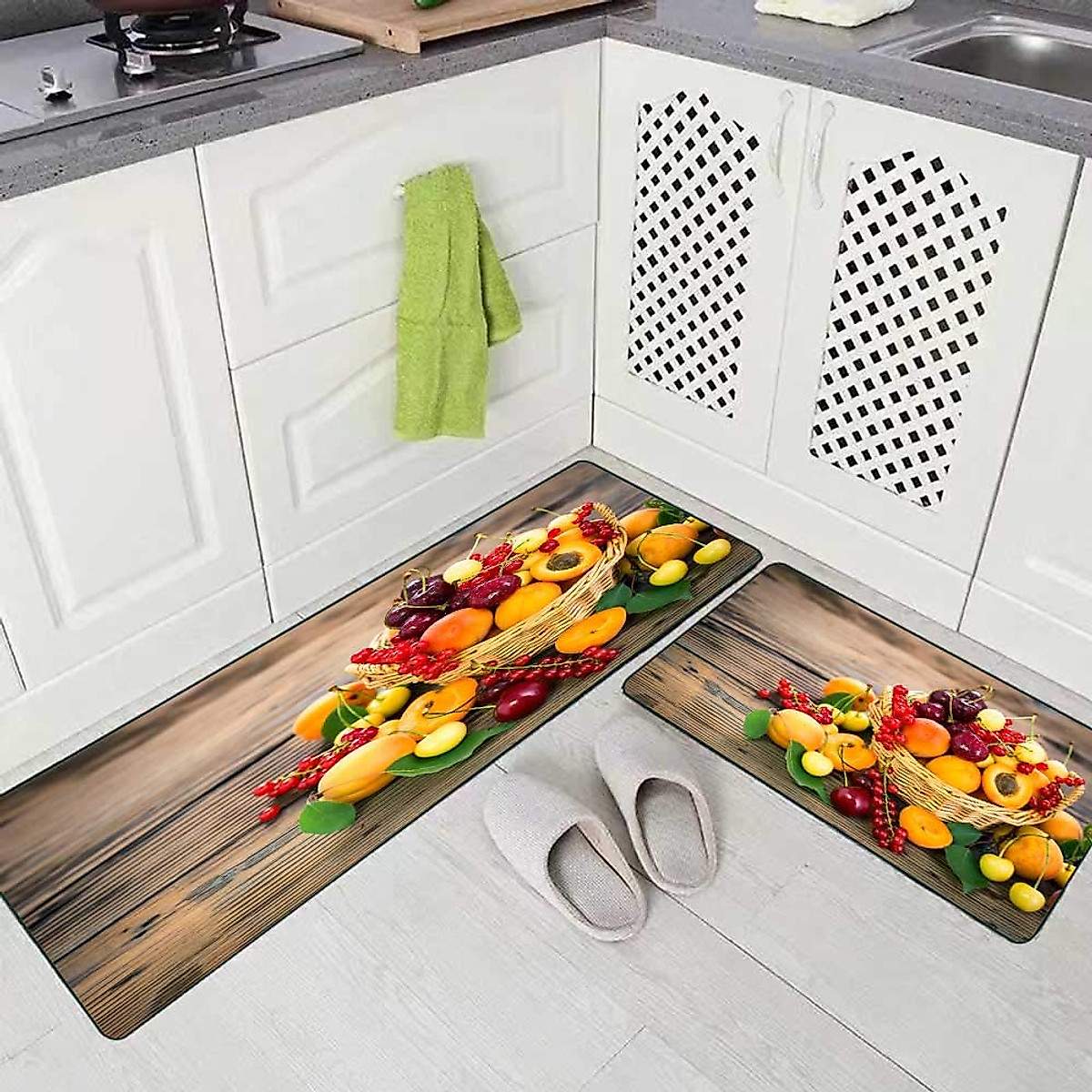 Fullentiart Kitchen Rugs and Mats,Comfort Kitchen Rugs Kitchen Rugs Non Skid Washable Rug Kitchen Floor Fresh Summer Fruits in The Basket 2 Pieces 17X48+17X24 Inches