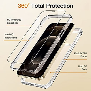 JETech Case for iPhone 12 Pro Max 6.7-Inch with 2-Pack Tempered Glass Screen Protector, 360 Full Body Shockproof Bumper Phone Cover Protective Clear Back (Clear)