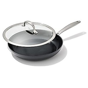 OXO Good Grips Pro 10" Frying Pan Skillet with Lid, 3-Layered German Engineered Nonstick Coating, Dishwasher Safe, Oven & Broiler Safe, Stainless Steel Handle, Black