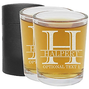 Personalized 2pk; set of two Engraved 2.5oz Shot Glass, Custom Etched Shot Glasses, Groomsmen, Customized Bridesmaid, Wedding Favors, Customized Birthday Gifts, Anniversary, Cute, Halpert Monogram