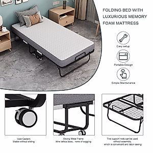 Espsilto Folding Bed with Mattress, Fold up Bed Cot Size 75" x 31" Portable Bed with Memory Foam Mattress, Foldable Bed for Guest, Rollaway Bed for Adults