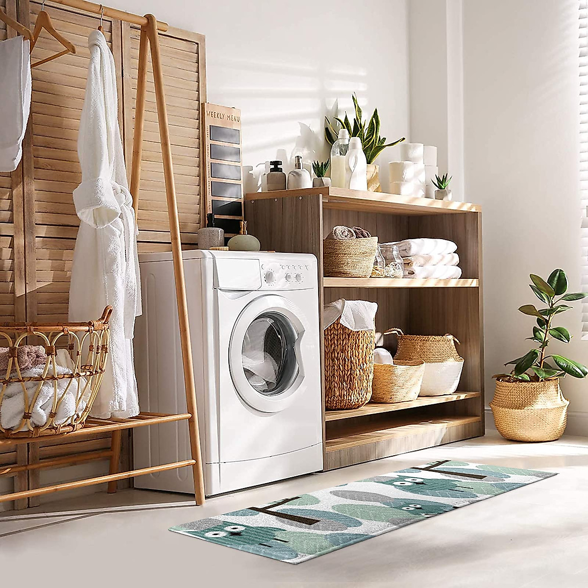 Shine-Home Non-Slip Kitchen Rugs Set of 2 Animal Owl Plant Illustration,Water-Absorbing Runner Carpet Area Mat for Bedroom Bathroom Indoor Use Rubber Backing Accent Throw Washable,White Extra Long