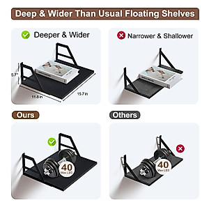 Tectocker-DOU Set of 2 Deep Floating Shelves; Wall Mounted Book Shelf for Living Room, Bedroom Shelves for Wall Decor; Shelves for Wall Storage; Shelving with Metal Brackets, 12 Inches (Black)