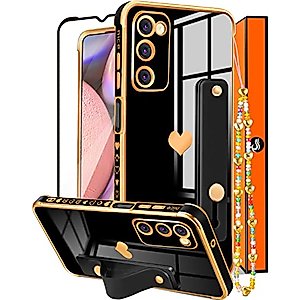 Likiyami for Samsung Galaxy A03S Phone Case Heart for Women Girls Cute Girly Pretty Luxury Aesthetic with Stand Cases Black and Gold Plating Love Hearts Cover Screen Chain for Galaxy A03S 6.5"