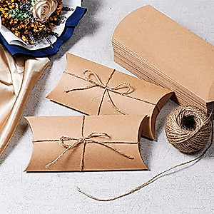 Pillow Boxes, 100-Pack Pillow Gift Boxes with Twine Rope, Kraft Mini Favor Boxes, 7.5 x 3.7 x 1.2 Inches