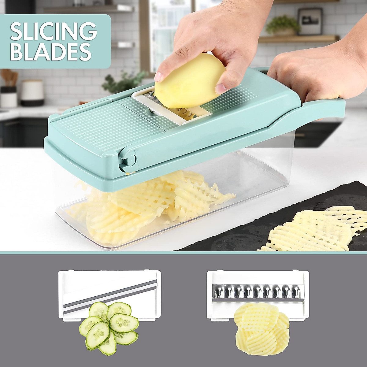 Ourokhome Vegetable Dicer Mandolin Slicer - 7 Blades Handy Onion Chopper Shredder with Egg Separator and Colander Strainer for Kitchen Multiple Uses (Blue)