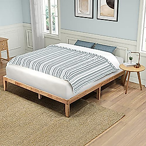 wonline Wood Platform Bed Frame Solid Wood Foundation No Box Spring Needed Wooden Slat Support Oak Wood Natural Finish Home Bedroom Furniture Platform Base