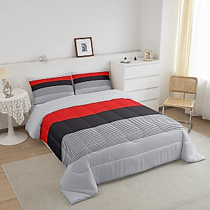 Erosebridal Stripes Duvet Insert for Women, Gray and Black Red Patchwork Striped Bedding Set, Modern Abstract Art Comforter Set Ombre Bright Gray Stripes Quilt Farmhouse Decorations, Queen Size