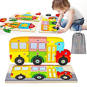 Wooden Toddler Puzzles for Kids Ages 2-4 Montessori Toys for 2 3 4 Year Old Boys Girls Toddler Educational Developmental Toys Gifts Numbers Colors Shapes Early Learning Vehicle Puzzle Toys(3 Packs)