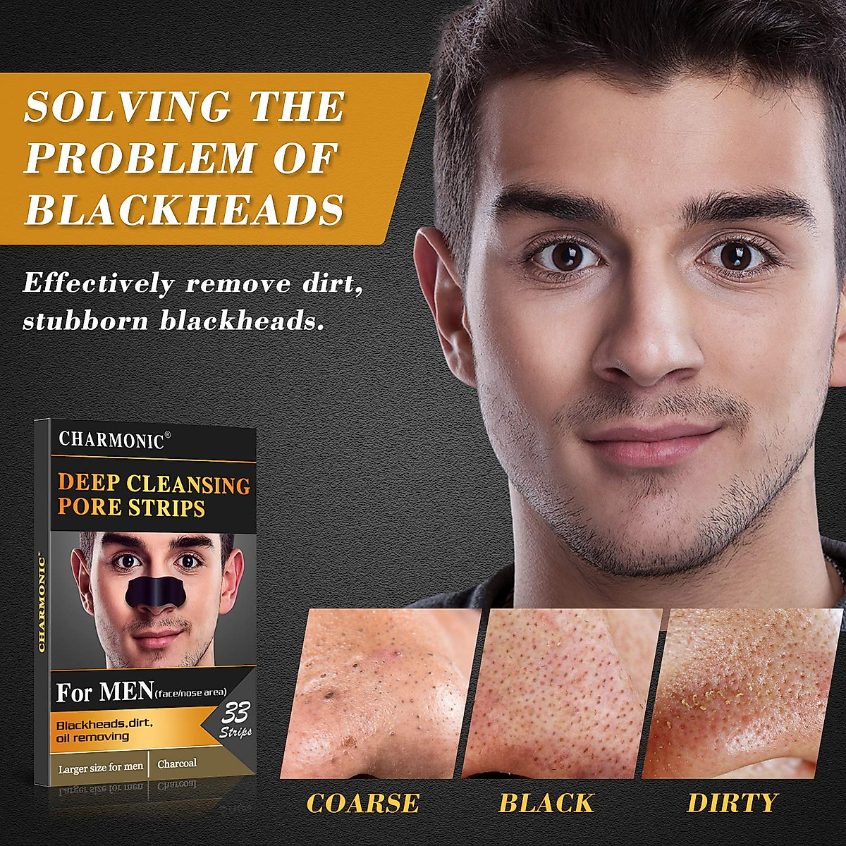 Charmonic Blackhead Pore Strips, 33 pcs Charcoal Peel Off Strips, Blackhead Remover Pore Strips for Men, Deep Cleansing Strips Remove for Nose Area and Face Oil and Blackheads