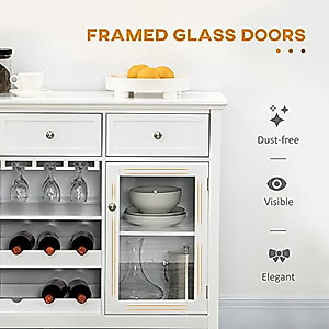 HOMCOM Coffee Bar Cabinet with 3 Drawers, 6-Bottle Wine Rack, Stemware Racks, Glass Door, Sideboard Buffet Cabinet, Wine Cabinet, White