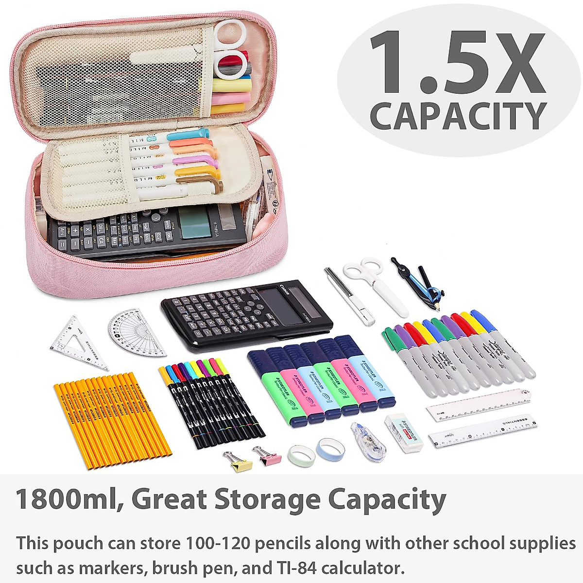 SPACEMATE Pencil Case Pouch Bag School Supplies for Girls and Boys, Large Big Capacity Aesthetic Pen Case, Simple Zipper Stationery Bag for Women Men Adults, Pink, 1800ml