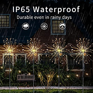 Tielreala Solar Firework Lights 4 Pack 480 LED Fireworks Solar Lights Outdoor with Remote,8 Lighting Modes DIY Solar Garden Lights for Garden Pathway Yard Decor Christmas (Warm White)