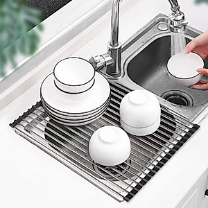 Cuteadoy Dish Drying Rack,18.5’’x13.3’’ Multipurpose Kitchen Roll Up Dish Rack Foldable Stainless Steel Drain Rack Over The Sink Drying Rack for Vegetable Fruit and Dish